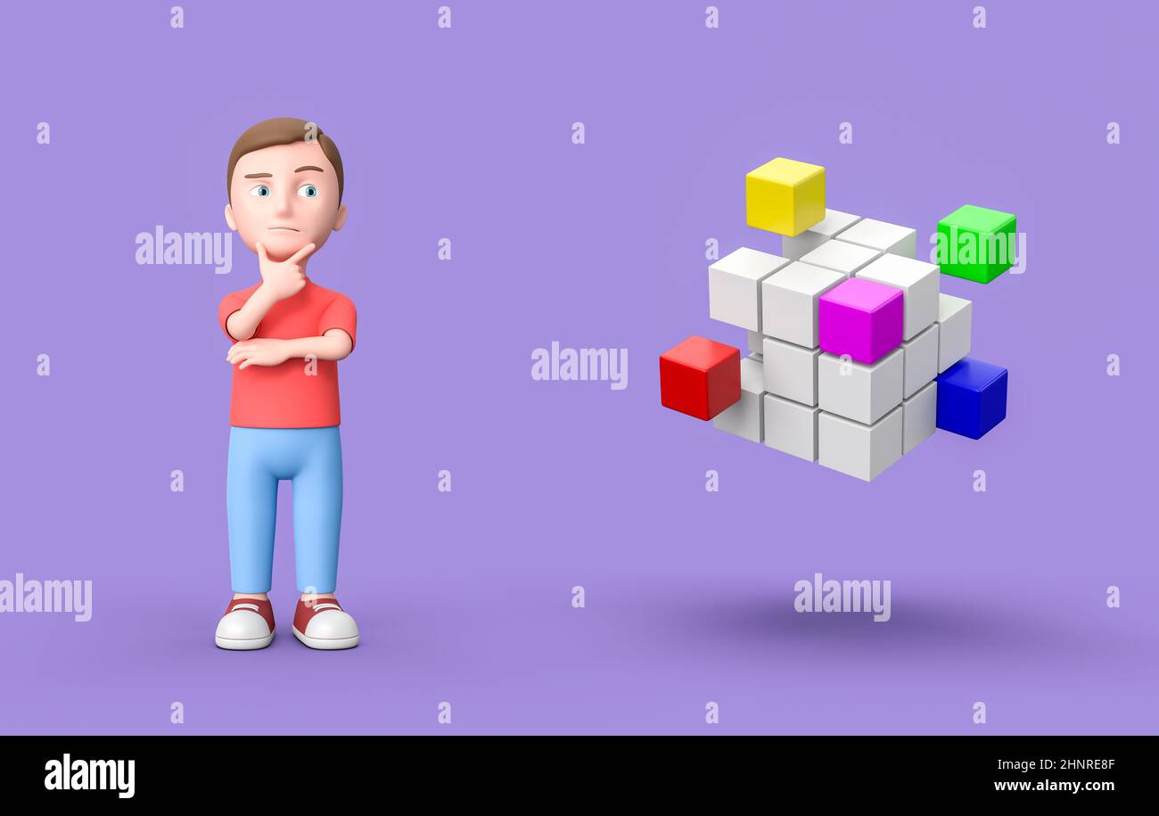 Thoughtful Young Kid 3D Cartoon Character and Combining Multicolor ...
