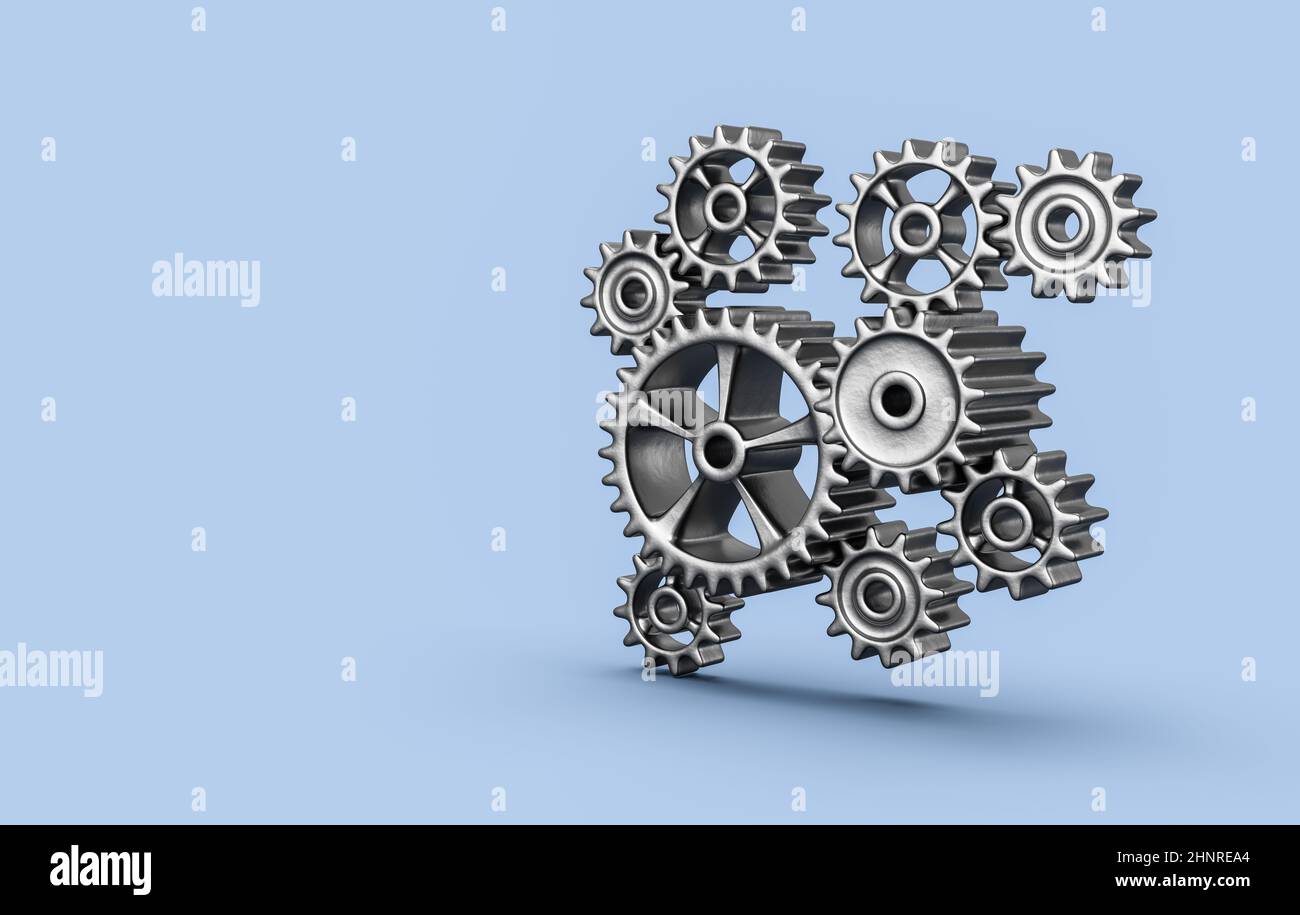 Metallic Gears Engaged on Blue Background with Copy Space 3D ...
