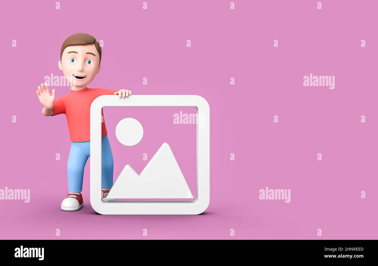 Happy Young Kid 3D Cartoon Character with White Picture Image Symbol ...