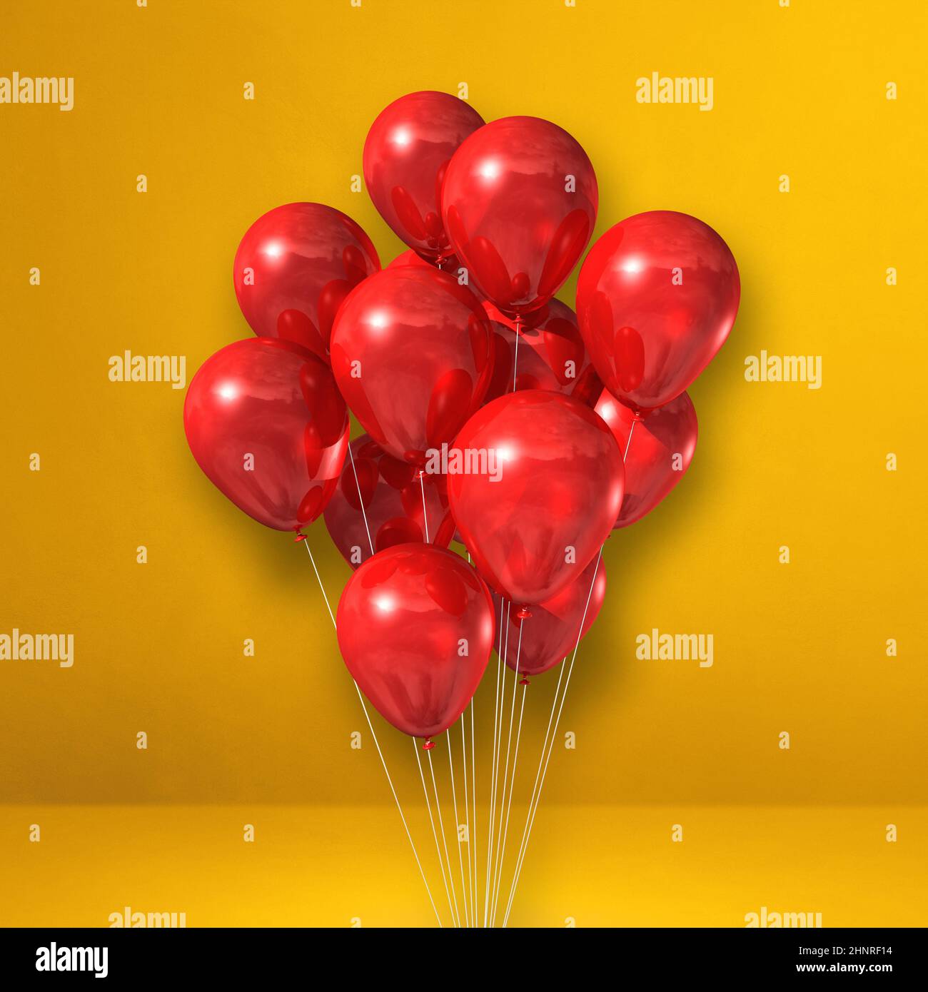 Red balloons bunch on a yellow wall background. 3D illustration render ...