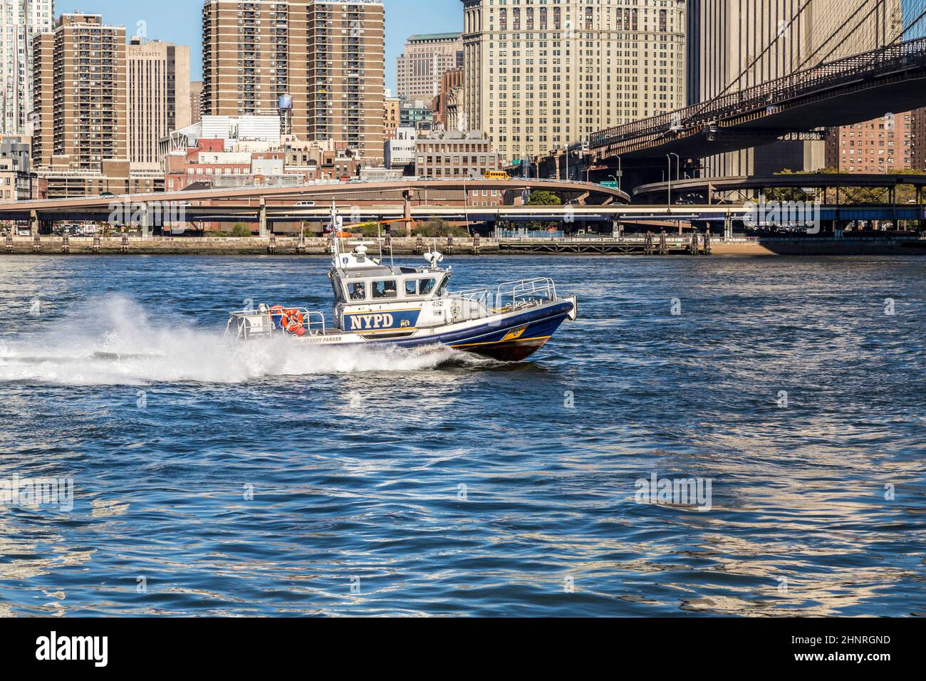 New York Police Department controls with a speed boat the river Hudson ...