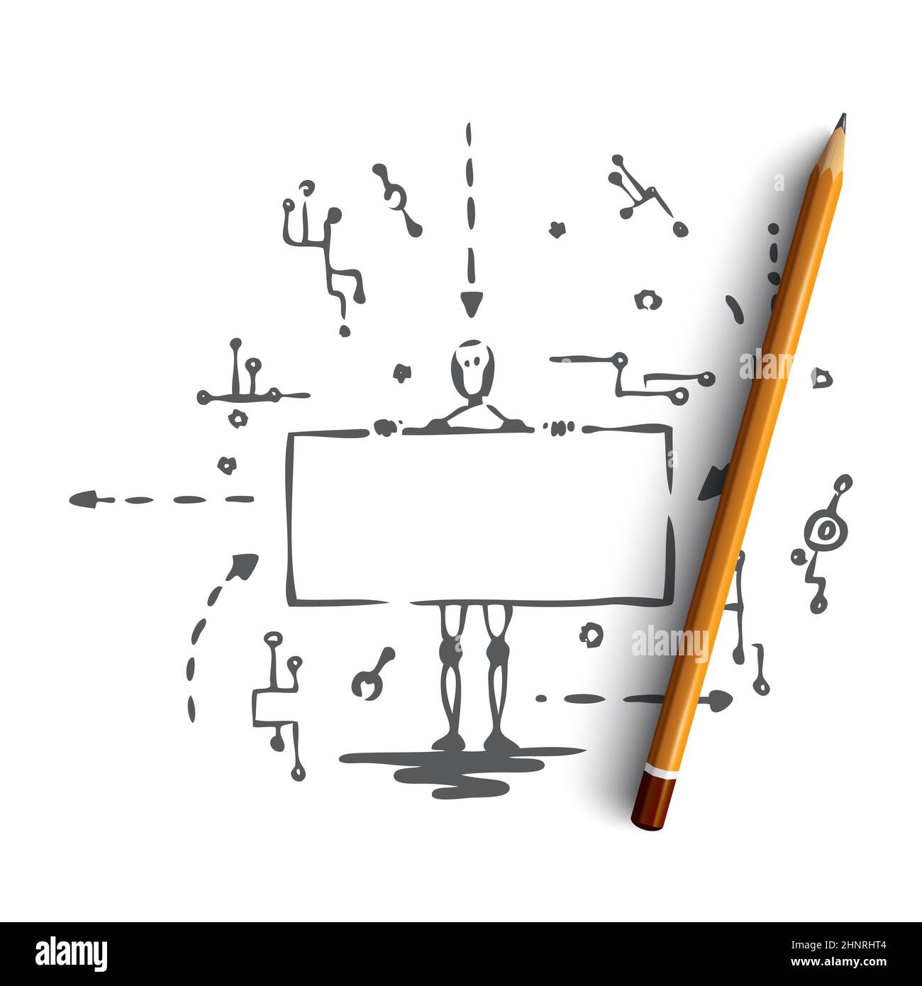 Technology, robot, scheme, android, data concept. Hand drawn robot with ...