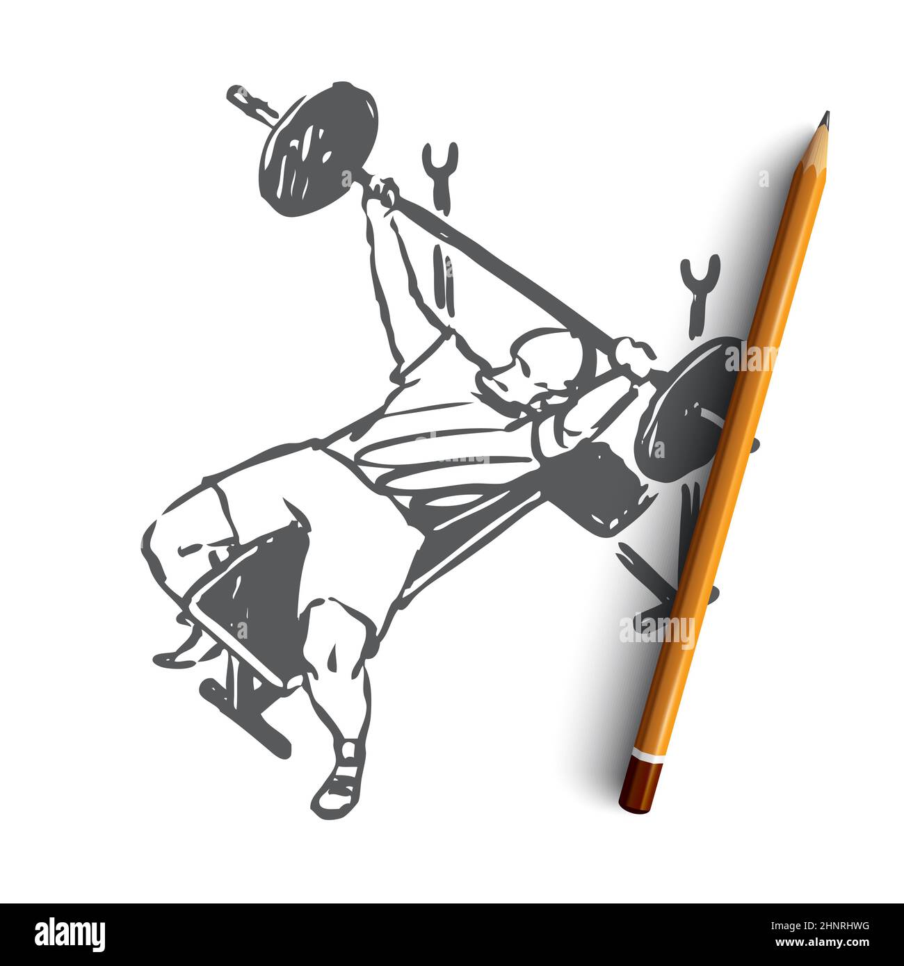 Gym, barbell, strong, man, health concept. Hand drawn man doing ...