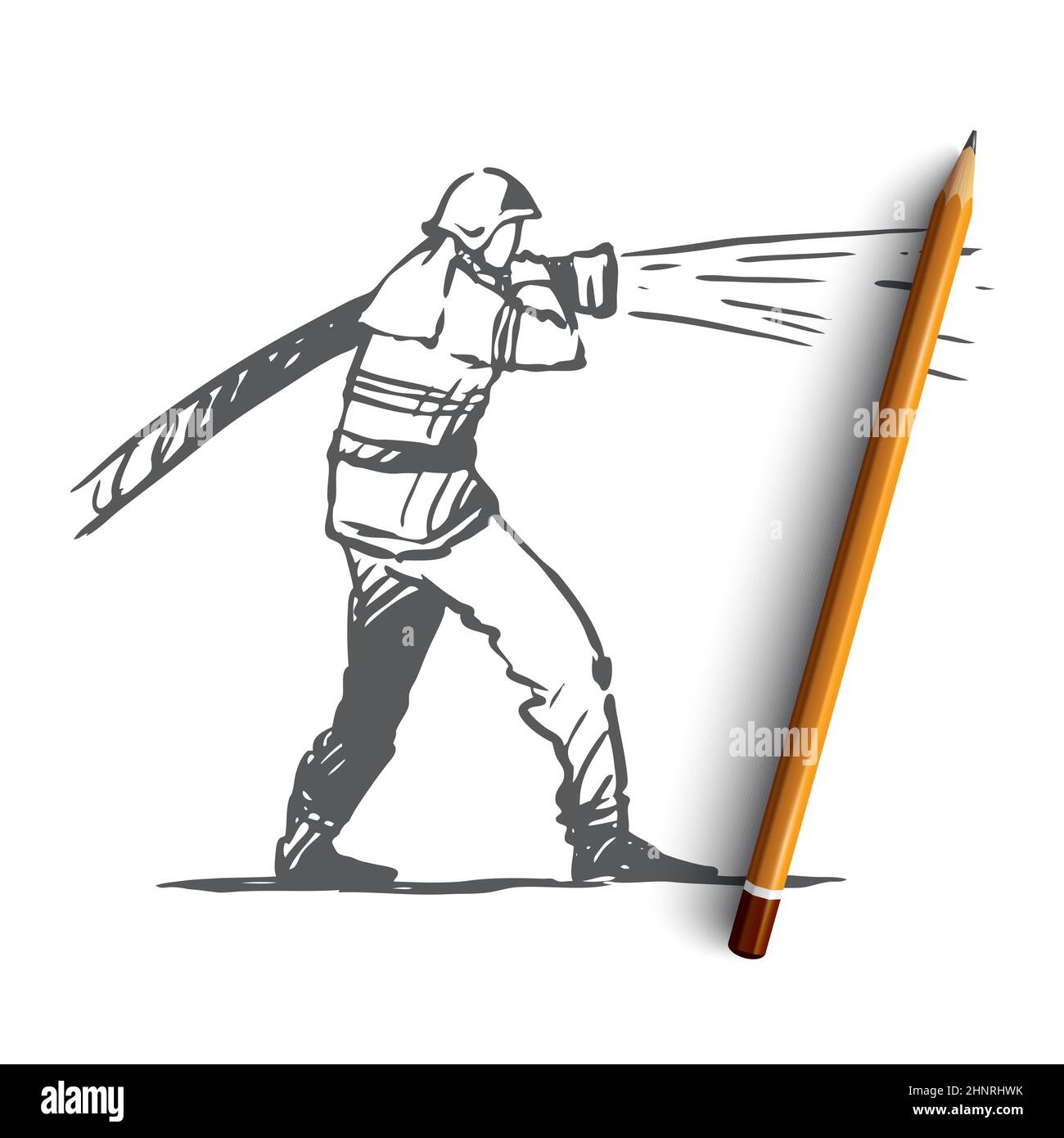Firefighter, emergency, fire, helmet, rescue concept. Hand drawn ...