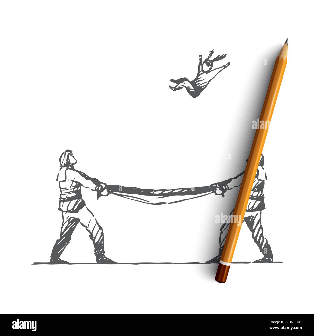 Firefighter, catch, rescue, danger, safe concept. Hand drawn ...