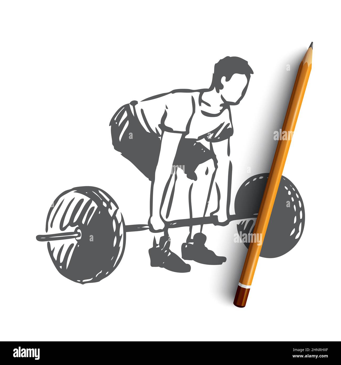 Gym, barbell, fitness, man, workout concept. Hand drawn sportive man ...