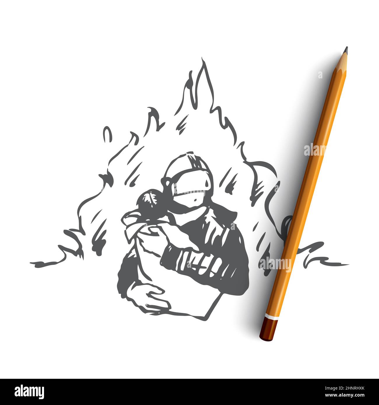 Firefighter, safety, fire, child, rescue concept. Hand drawn ...