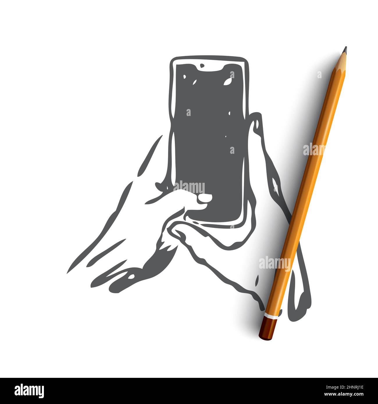 Smartphone, hand, typing, screen, gadget concept. Hand drawn person ...