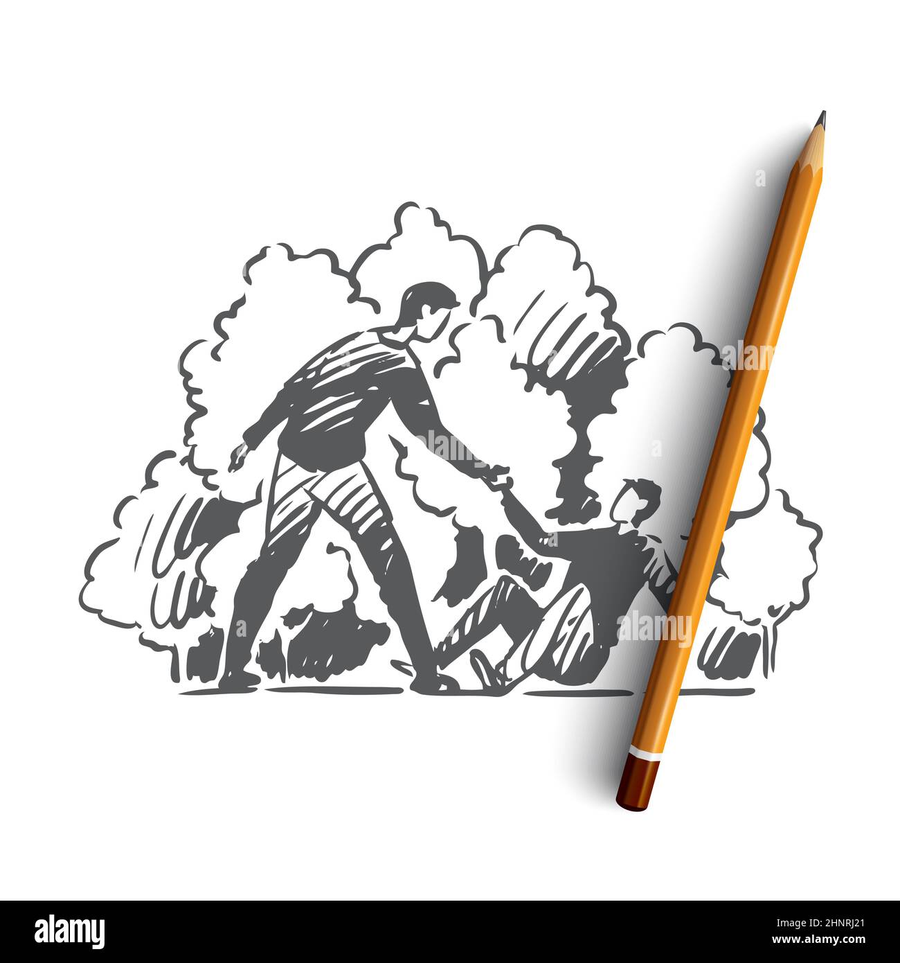 Help, fall, man, accident, people concept. Hand drawn man helps person ...