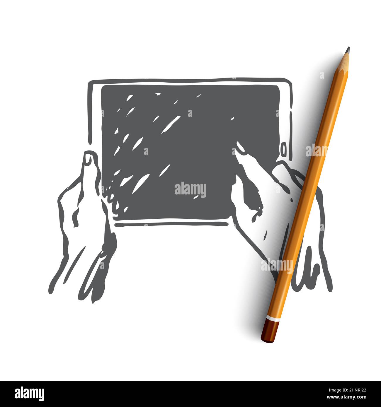 Tablet, screen, hands, hold, display concept. Hand drawn finger touch ...