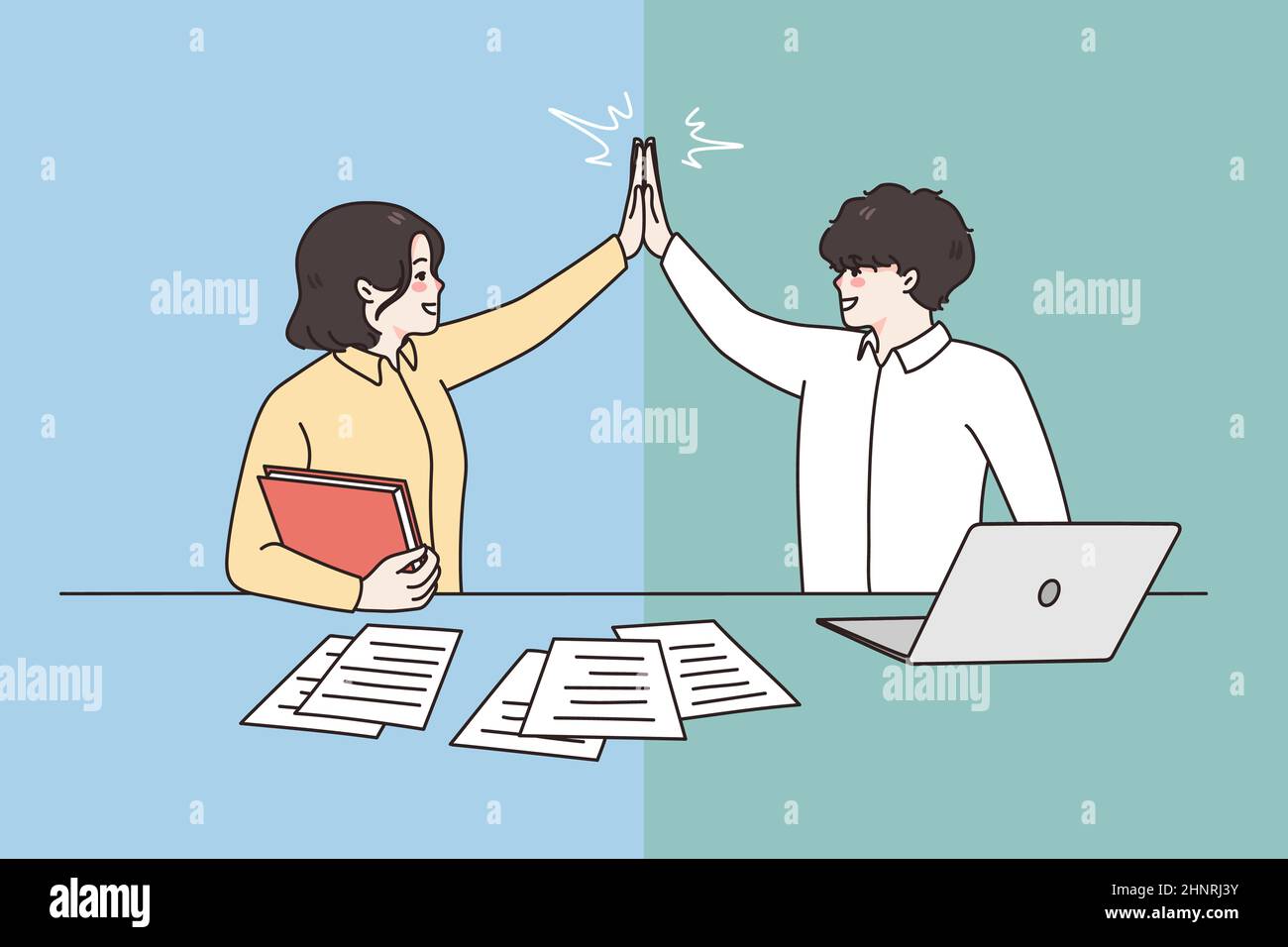 Happy businesspeople give high five for shared success Stock Photo - Alamy