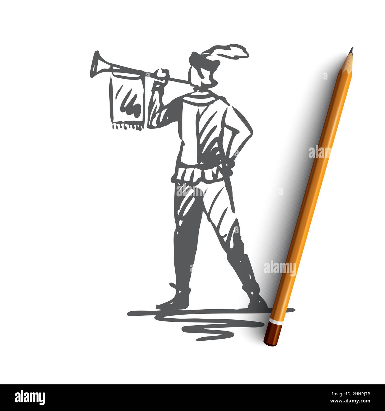 Trumpeter, medieval, trumpet, message, ancient concept. Hand drawn ...