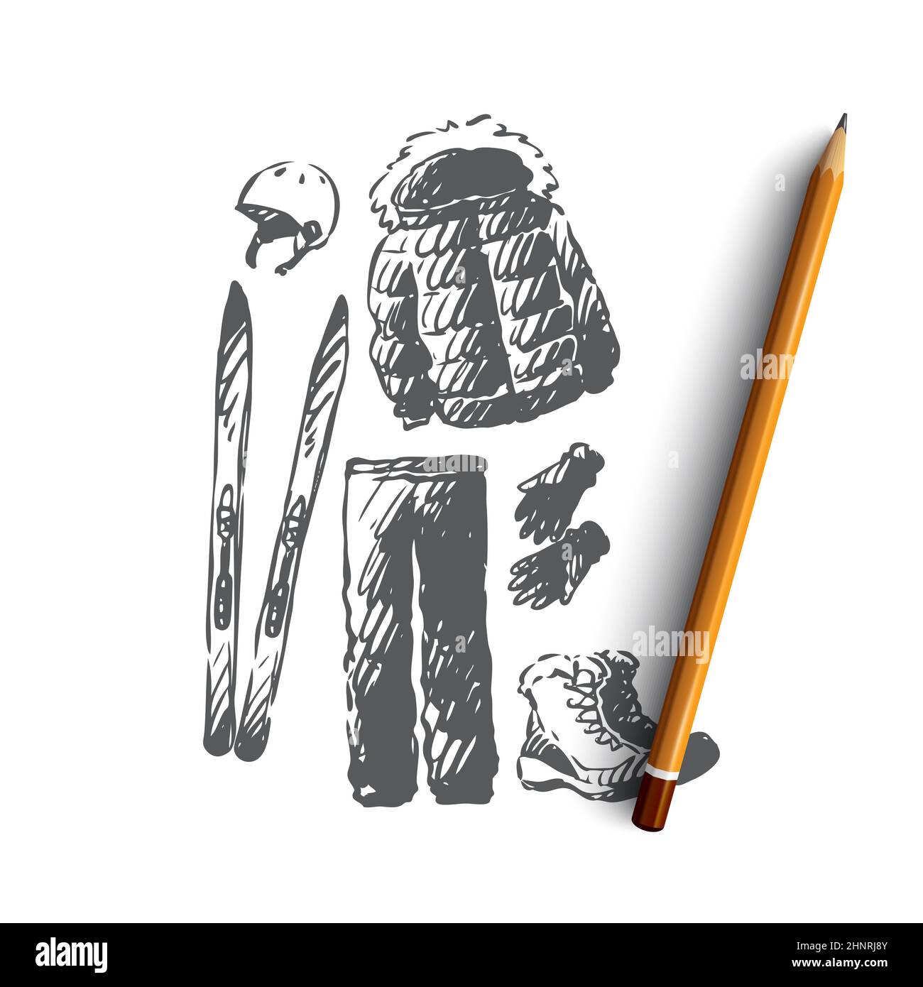 Ski, resort, winter, equipment, clothing concept. Hand drawn clothes ...