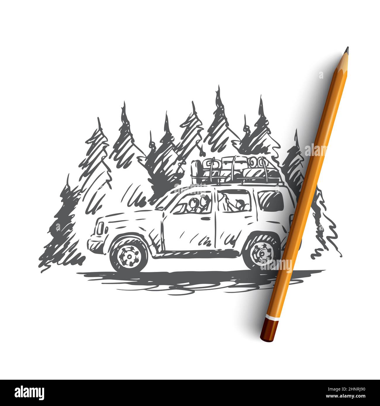 Travel, car, forest, trip, adventure concept. Hand drawn people ...