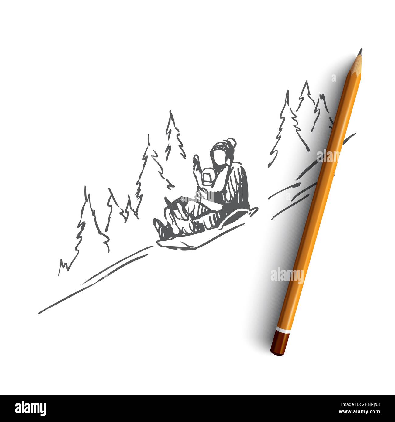 Sled, winter, mountains, activity, sport concept. Hand drawn mother and ...