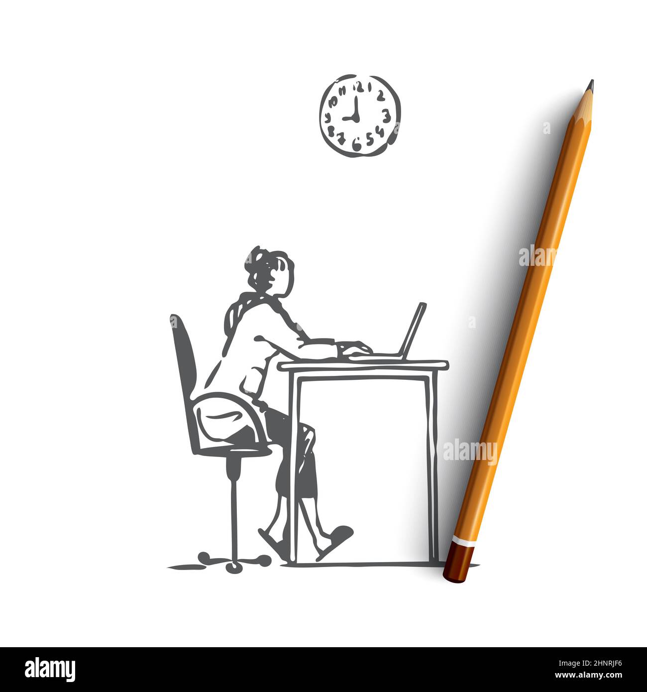 Working, girl, computer, internet, job concept. Hand drawn start of ...