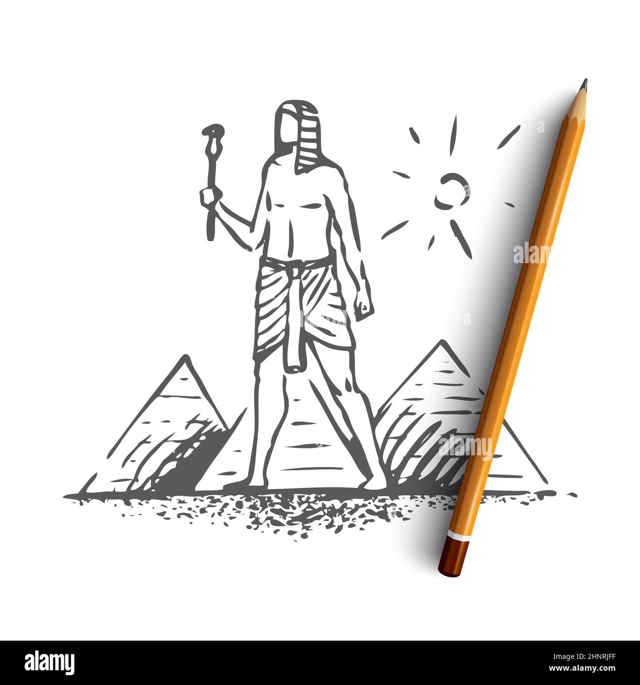 Egypt, pyramid, sphinx, ancient, desert concept. Hand drawn pharaoh and ...