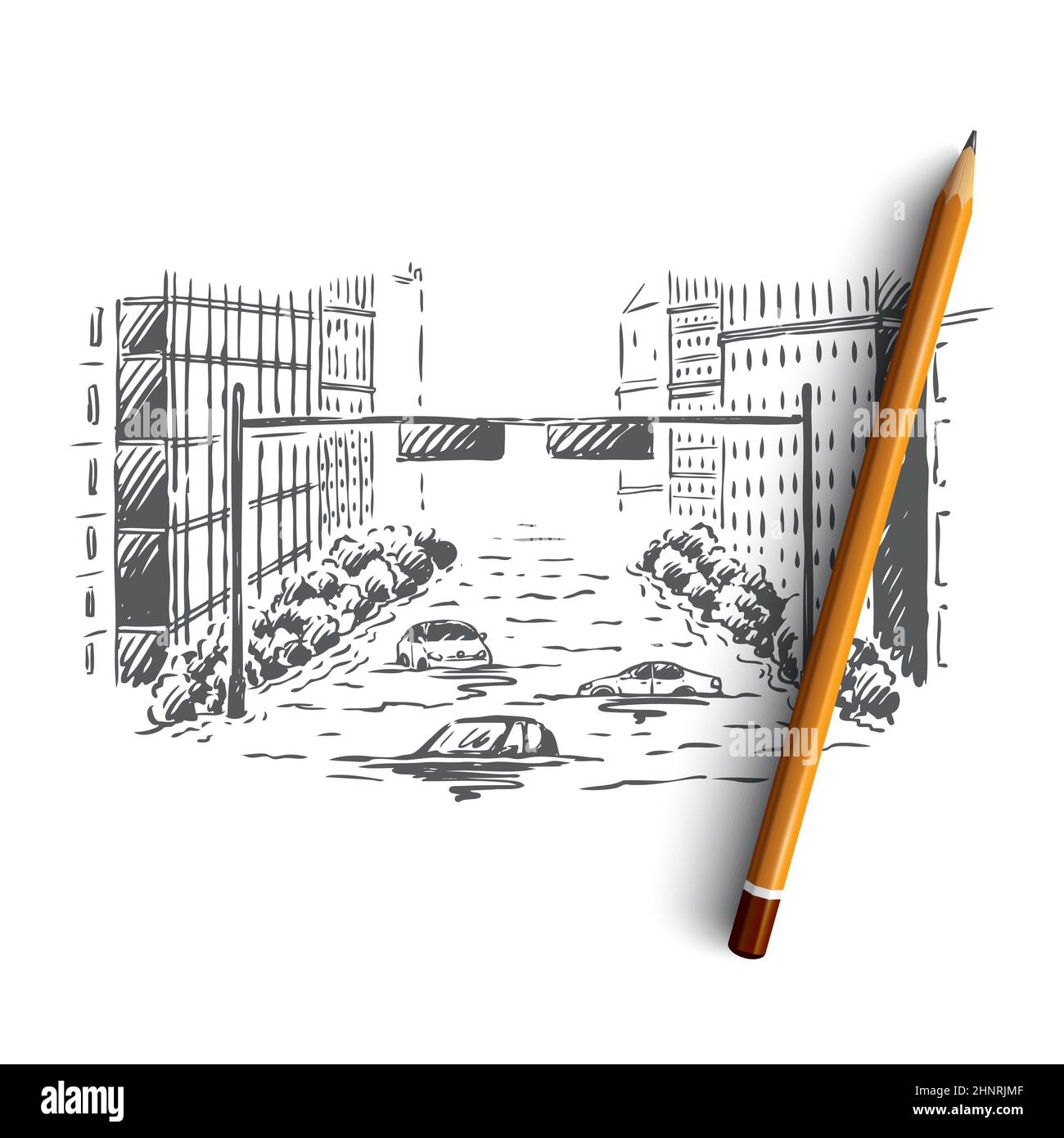 Flood, disaster, city, street, danger concept. Hand drawn flood in city ...
