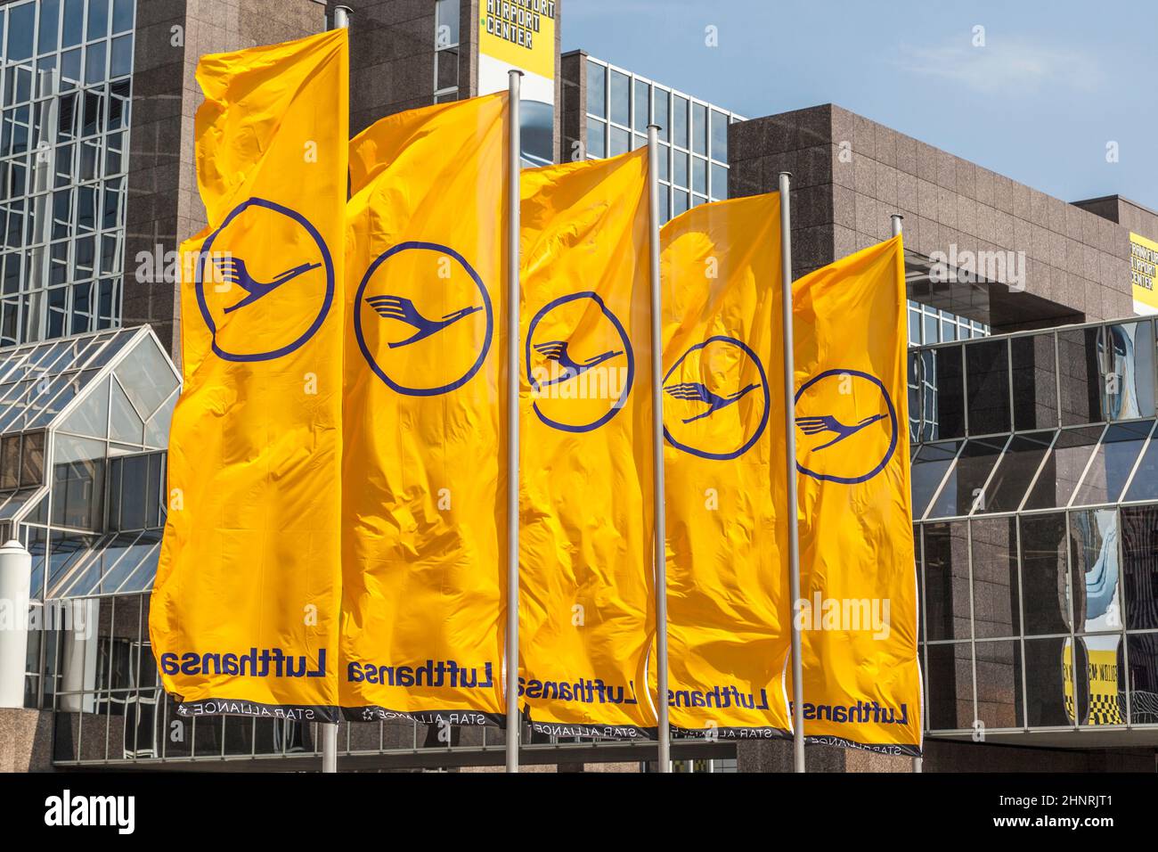 Lufthansa flag with Lufthansa symbol, the crane in Frankfurt Stock ...
