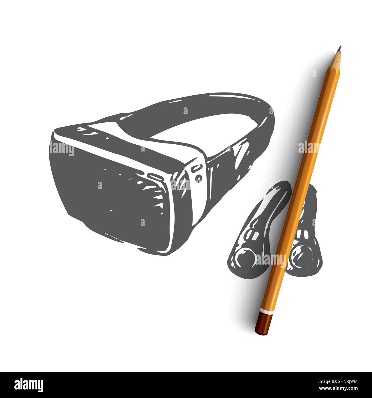 VR, equipment, reality, technology, glasses, game concept. Hand drawn ...