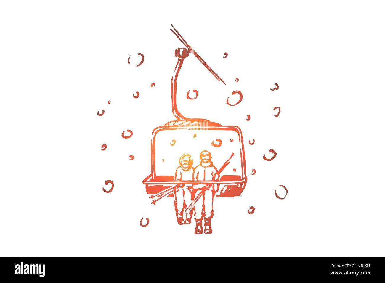 Ski, lift, mountains, snow, people concept. Hand drawn people moving on ...