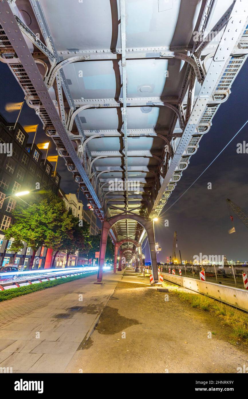 famous elevated train near Landungsbruecken by night Stock Photo - Alamy