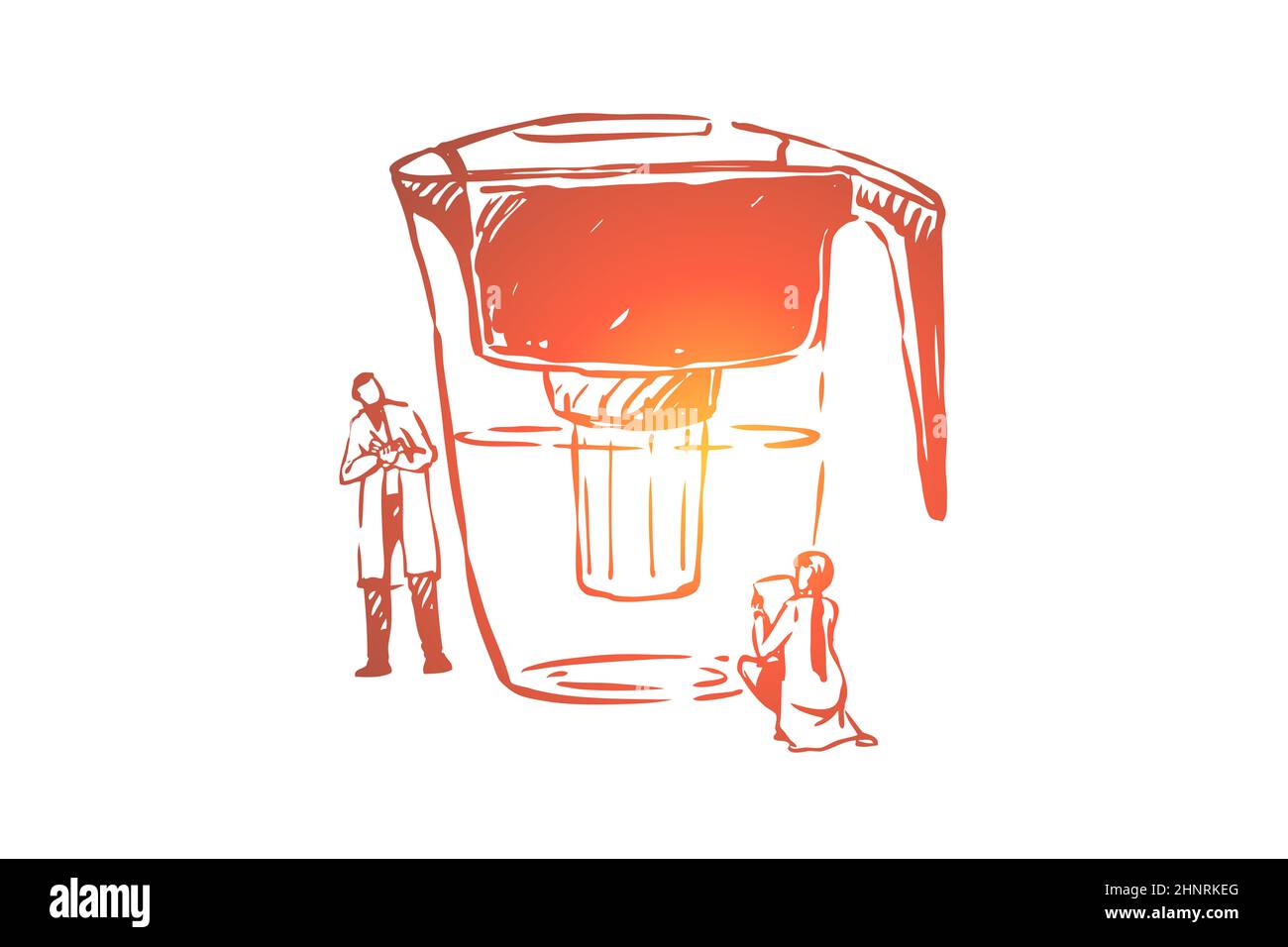 Water, purified, bottle, clean, filtration concept. Hand drawn chemist ...