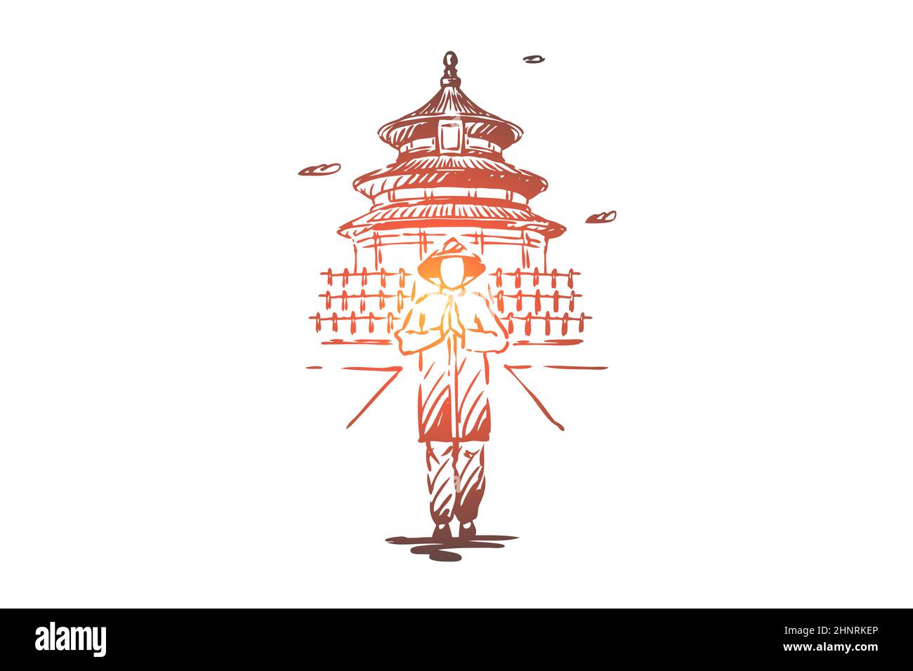 China, country, building, Asia, people concept. Hand drawn Chinese man ...