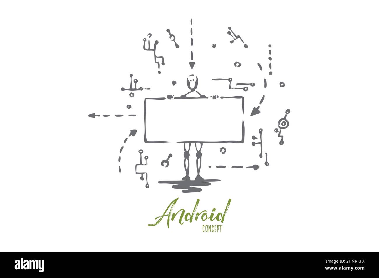Technology, robot, scheme, android, data concept. Hand drawn robot with ...