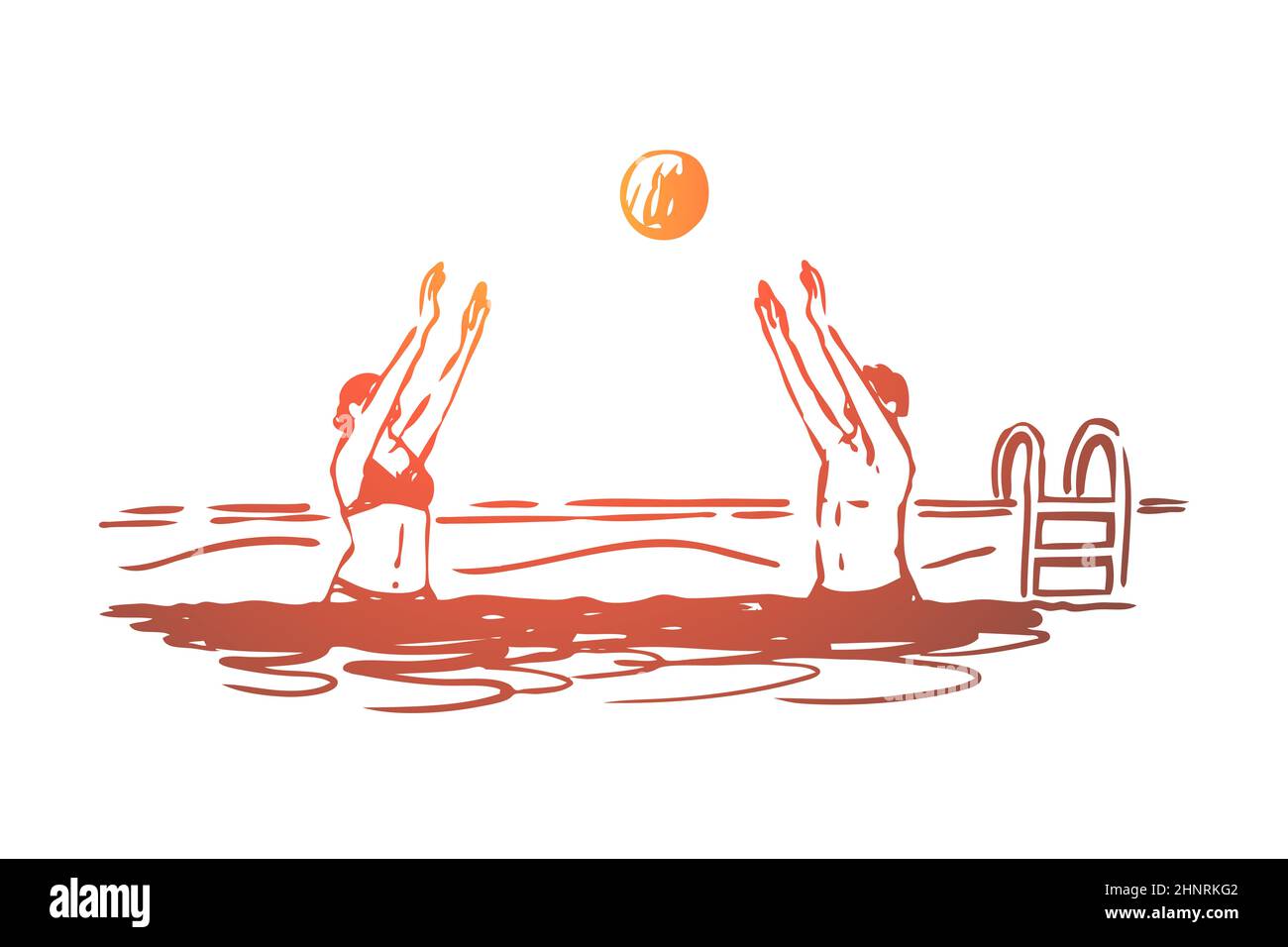 Water, polo, ball, competition, sport concept. Hand drawn people play ...