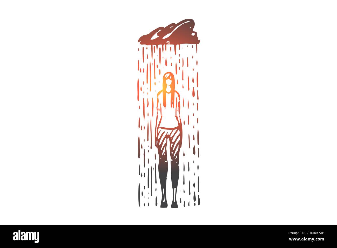 Rain, depression, woman, sad, stress concept. Hand drawn sad woman with ...