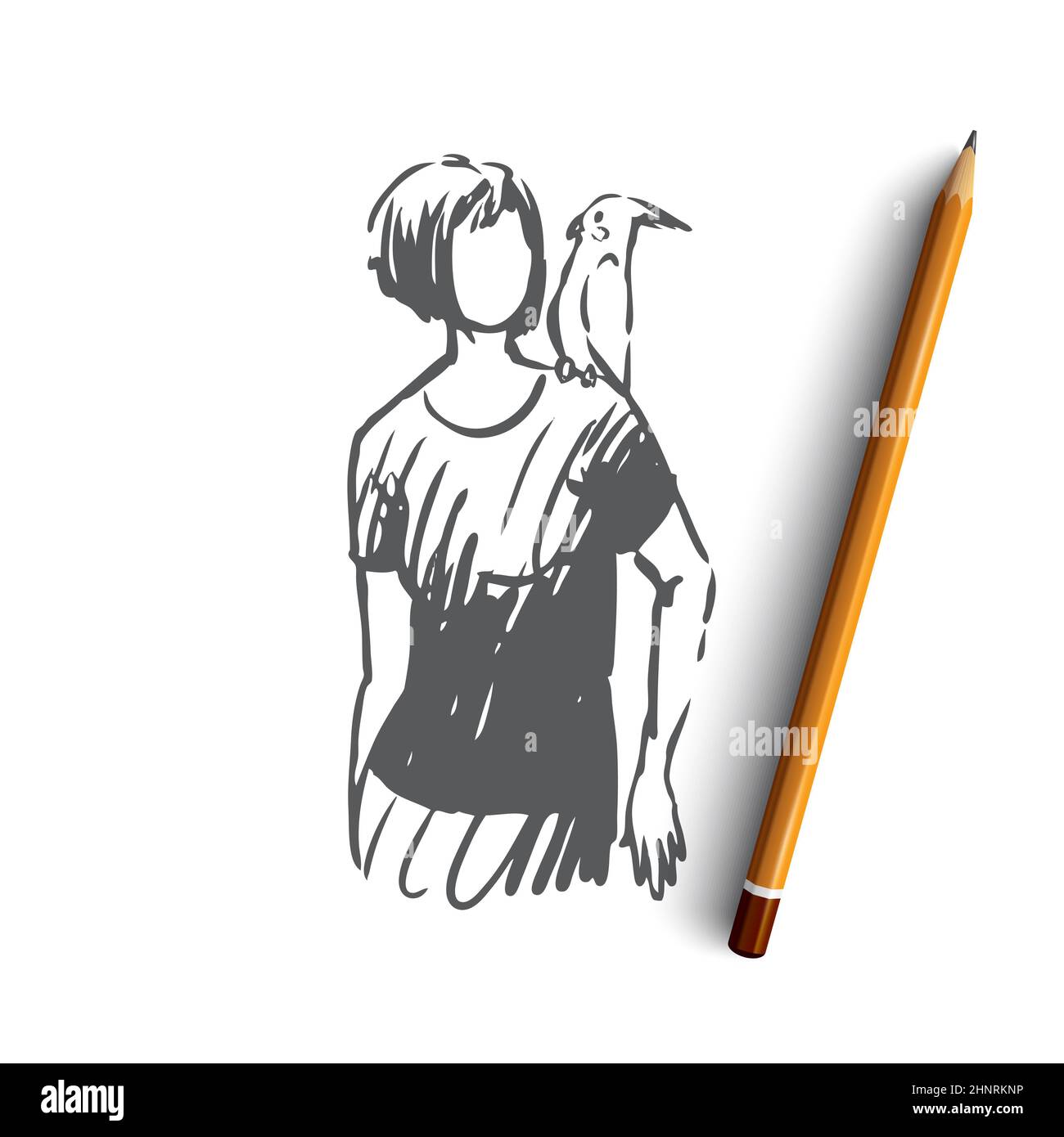 Woman, parrot, bird, animal concept. Hand drawn girl with a parrot on ...