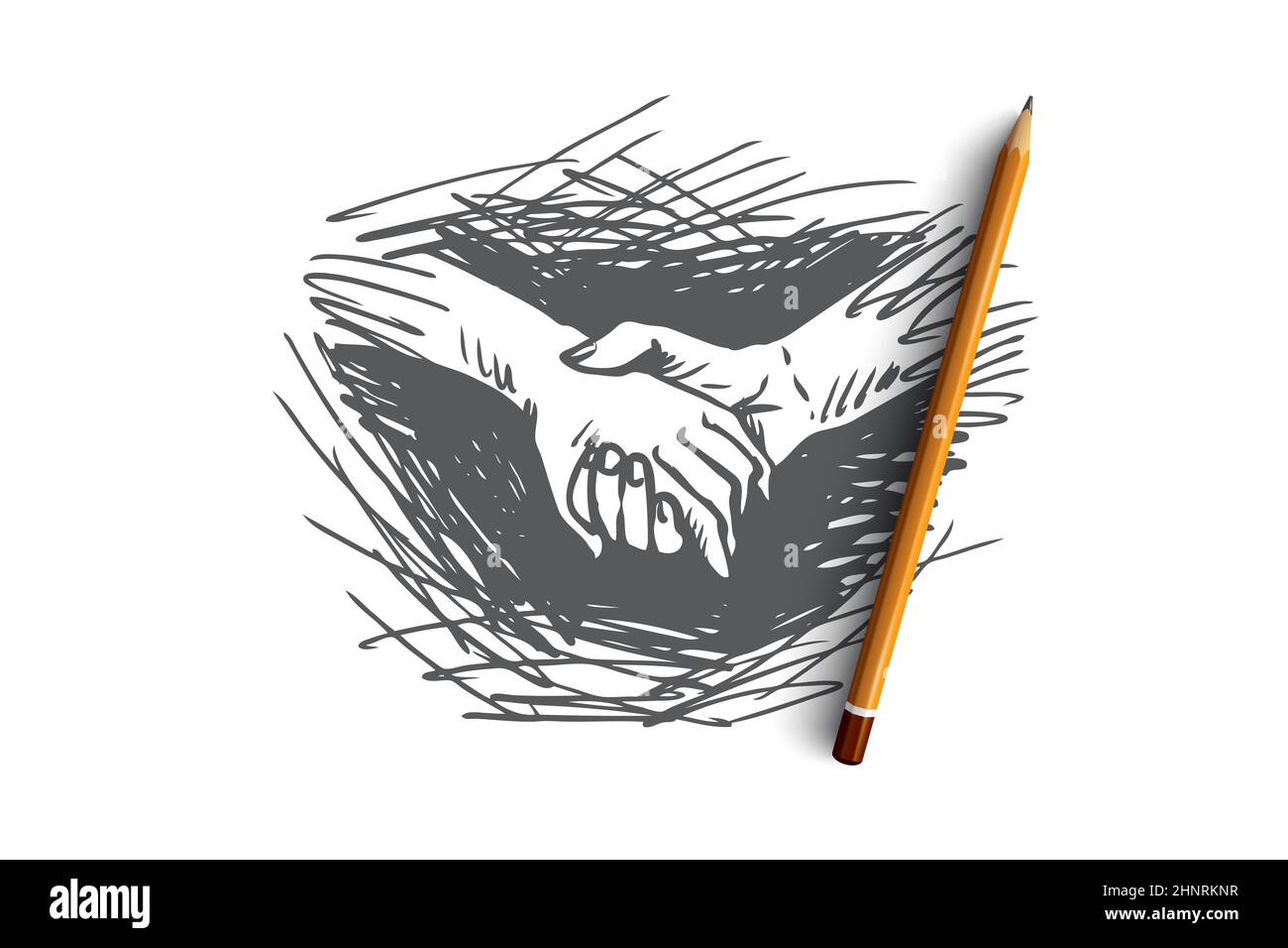 Hands, holding, together, friendship, partnership concept. Hand drawn ...