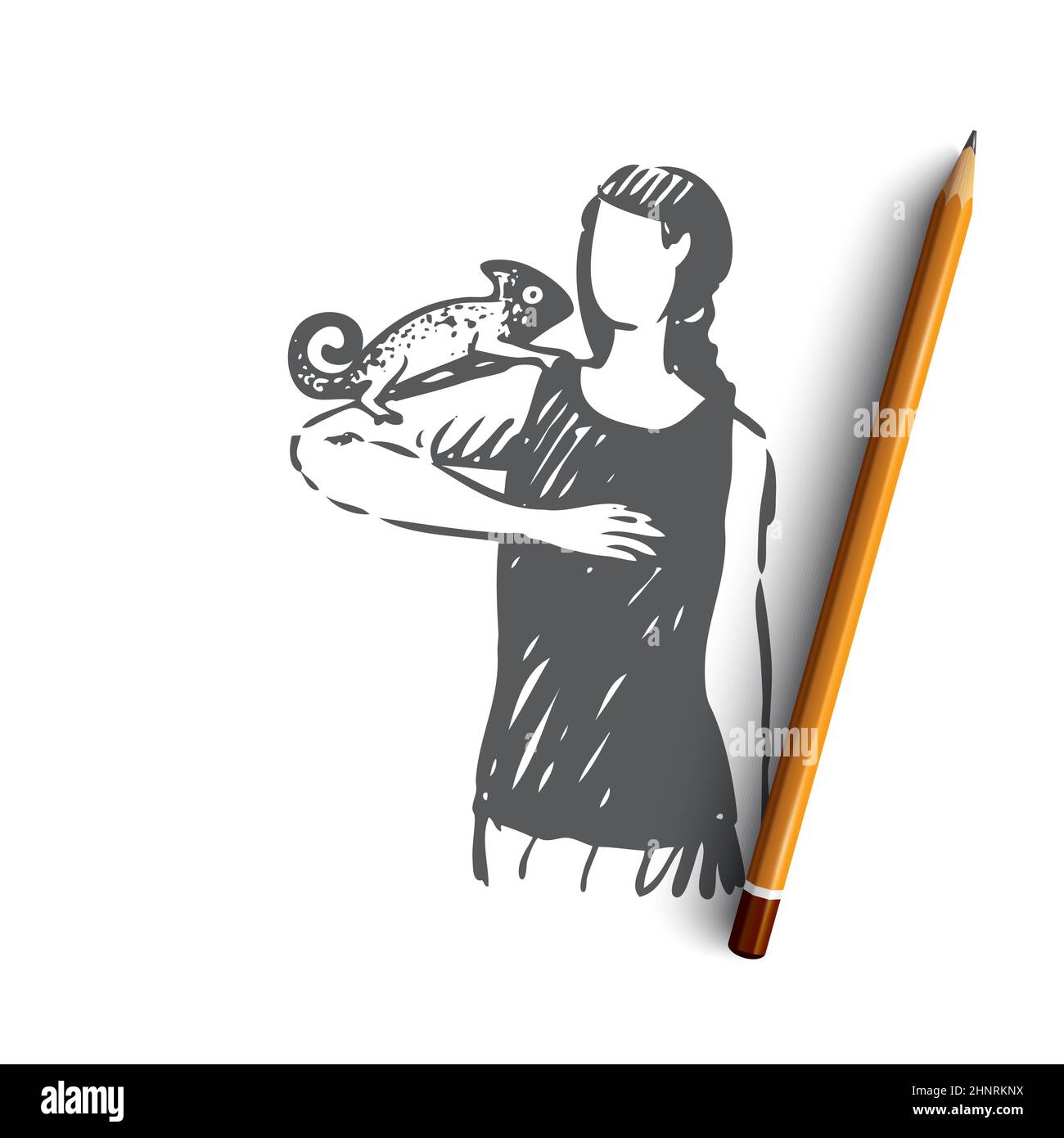 Woman, chameleon, animal, pet concept. Hand drawn woman with chameleon ...