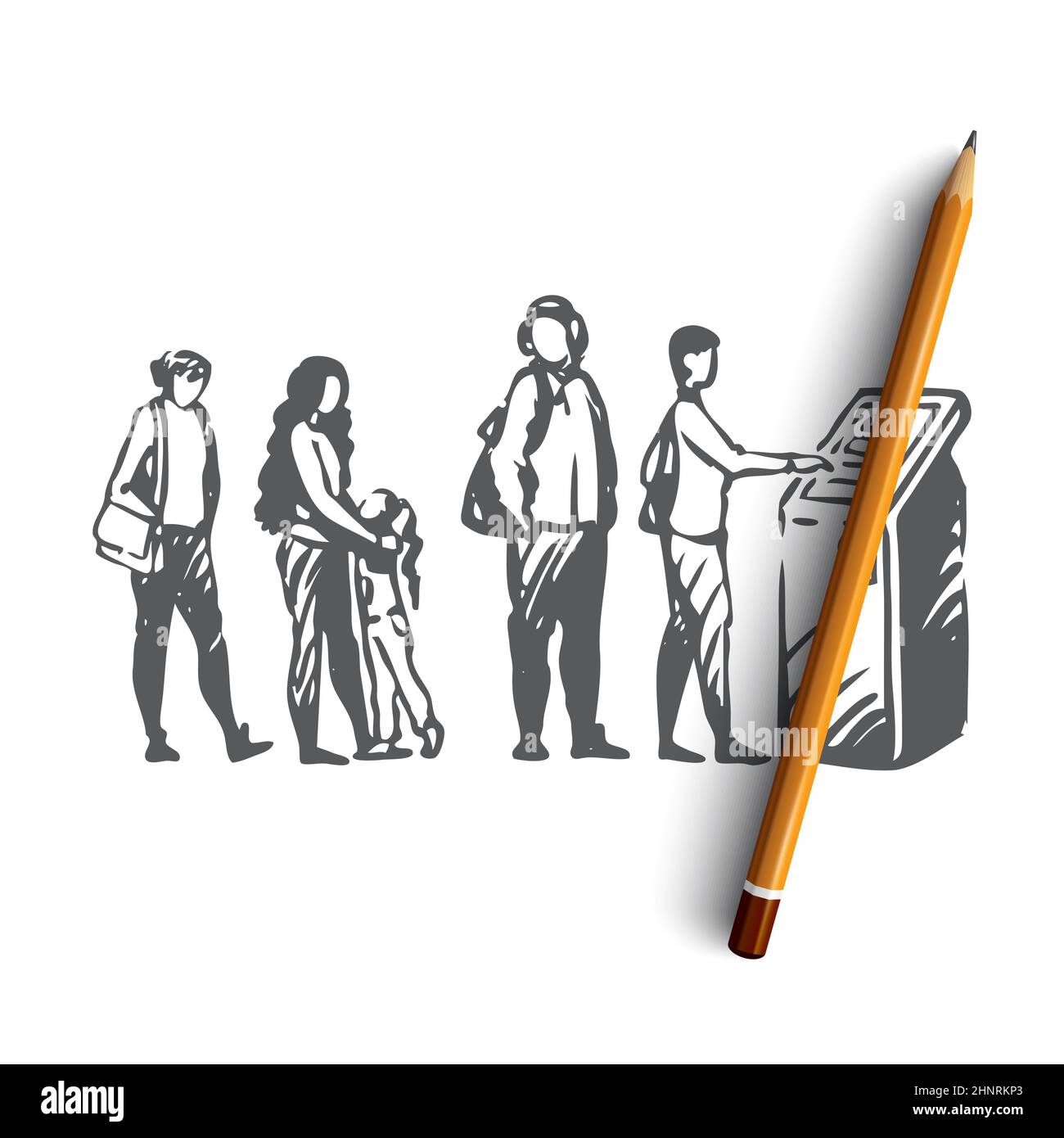 Payment terminal, queue, people, finance, cash concept. Hand drawn ...
