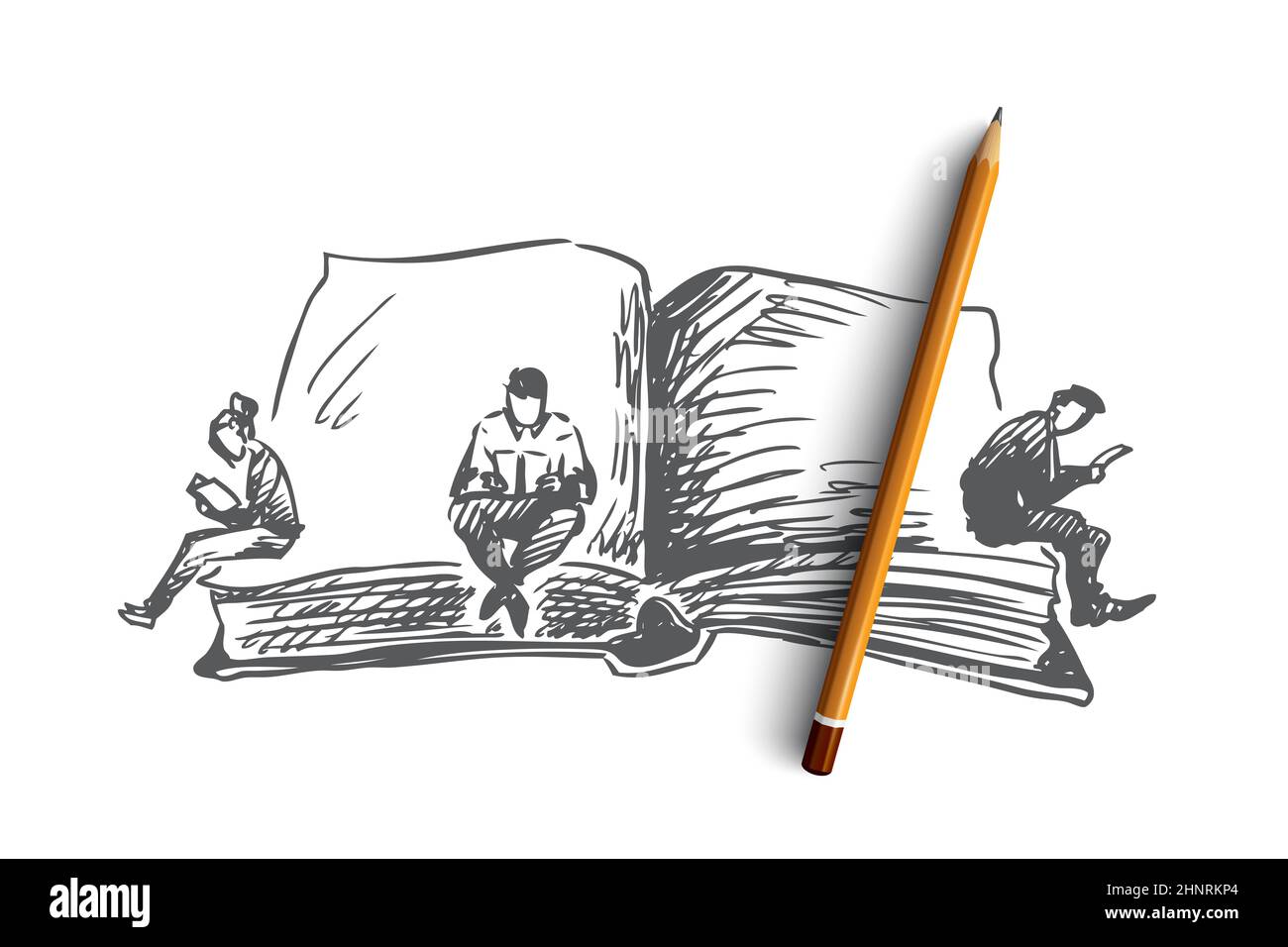 Book, world, day, reading concept. Hand drawn people reading books at ...