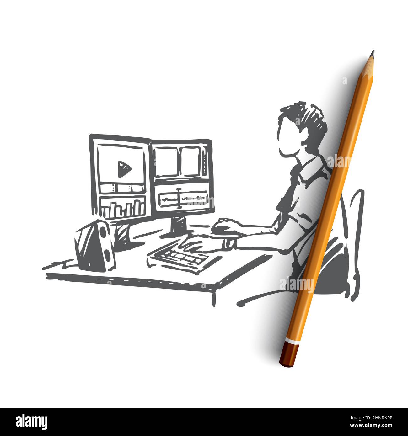 Blogger, video, vlog, media, online concept. Hand drawn blogger editing ...