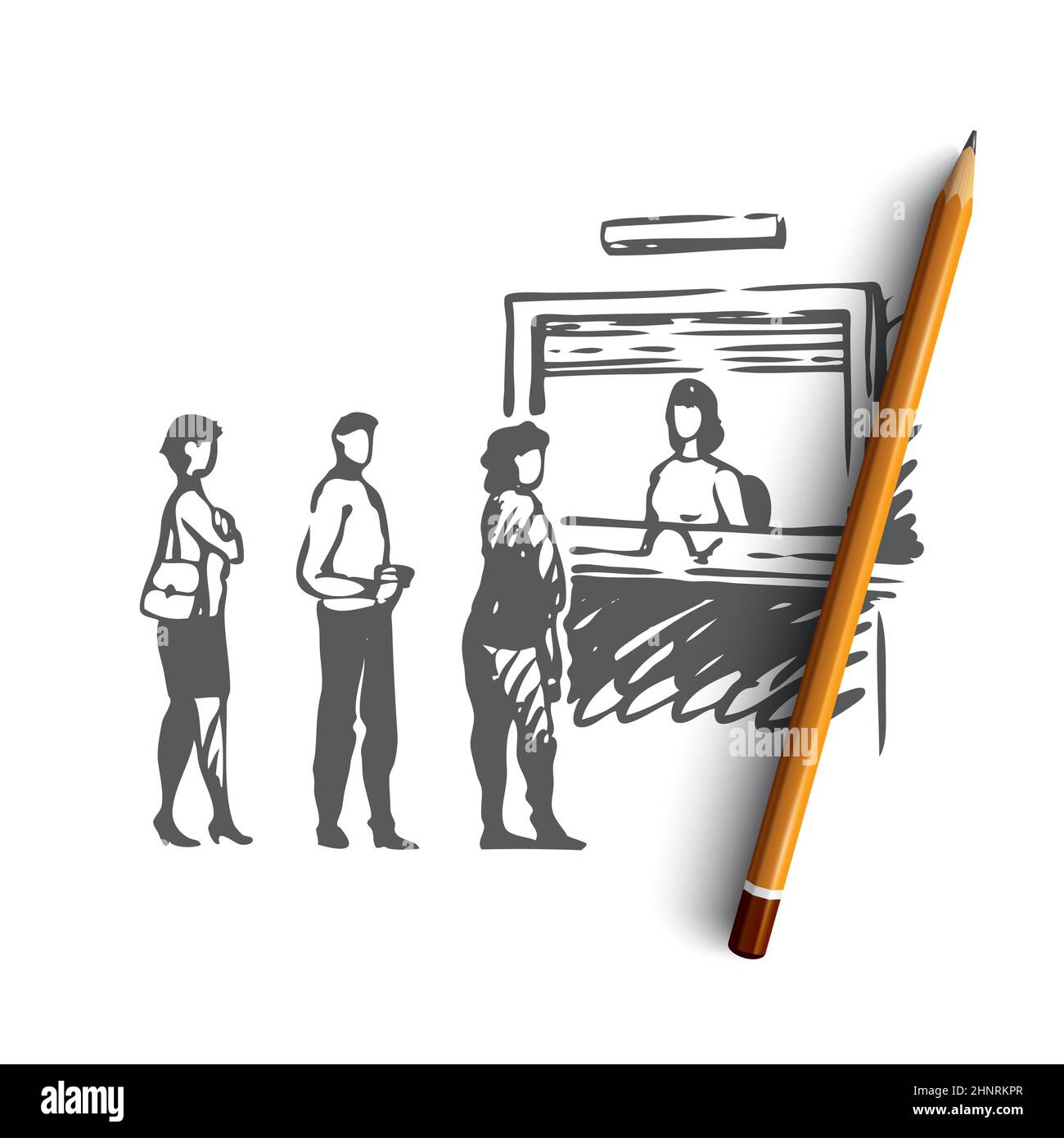 Cash, queue, people, service, line concept. Hand drawn people waiting ...