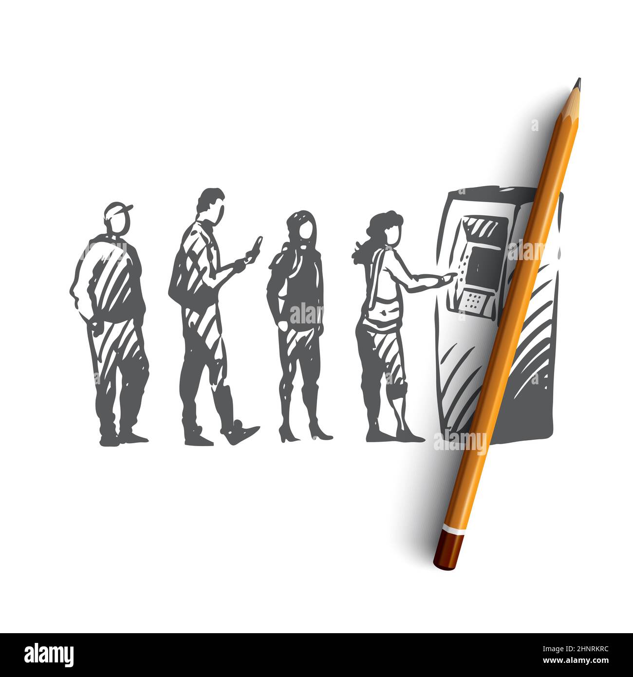 ATM, queue, people, money, machine concept. Hand drawn queue of people ...