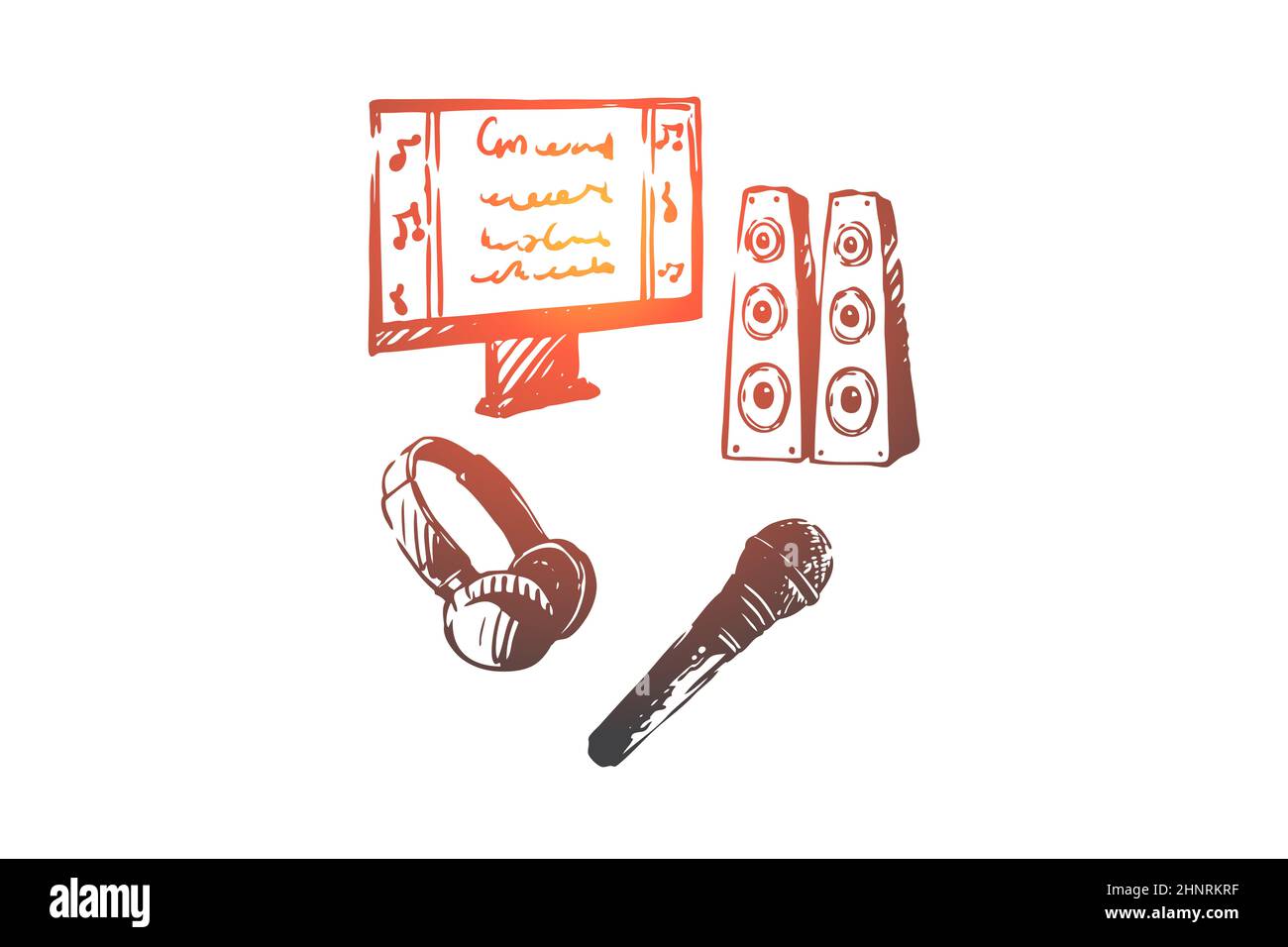 Karaoke, accessories, music, microphone, earphone concept. Hand drawn ...