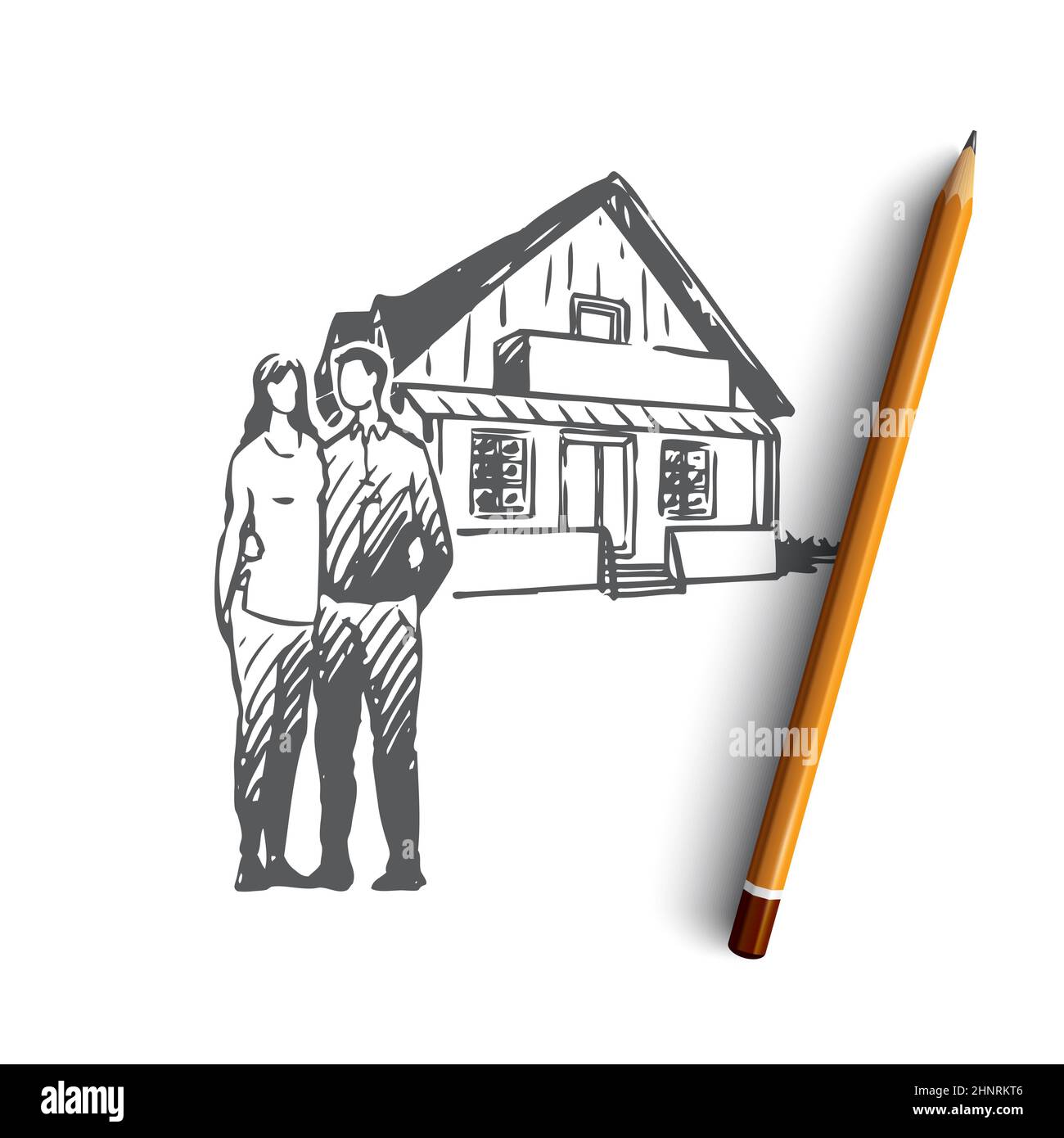 Real, estate, couple, house, buying concept. Hand drawn happy couple ...