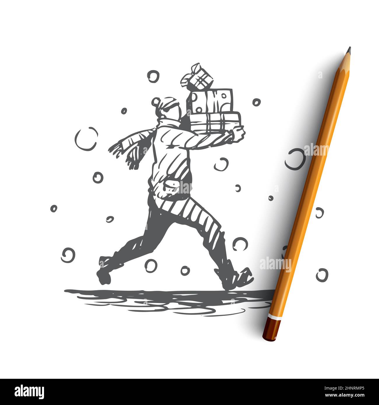 Man, run, presents, gift, Christmas concept. Hand drawn man runs with ...