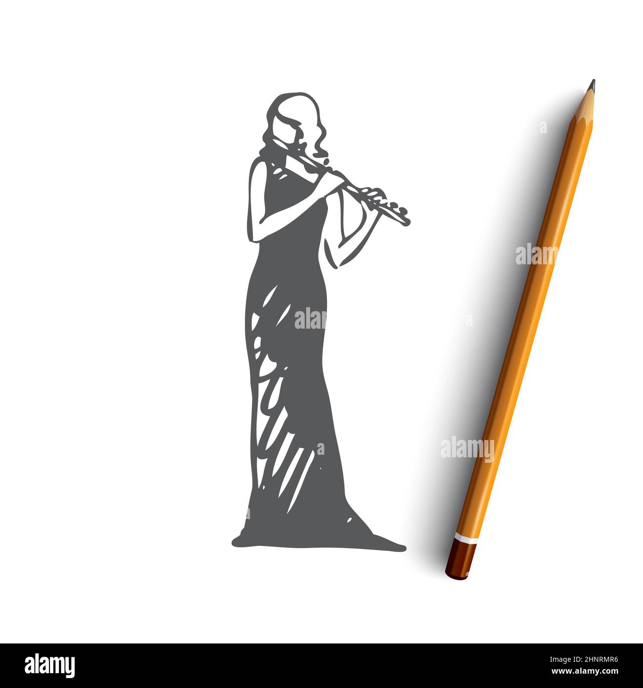 Flute, classic, music, woman, artist concept. Hand drawn woman playing ...