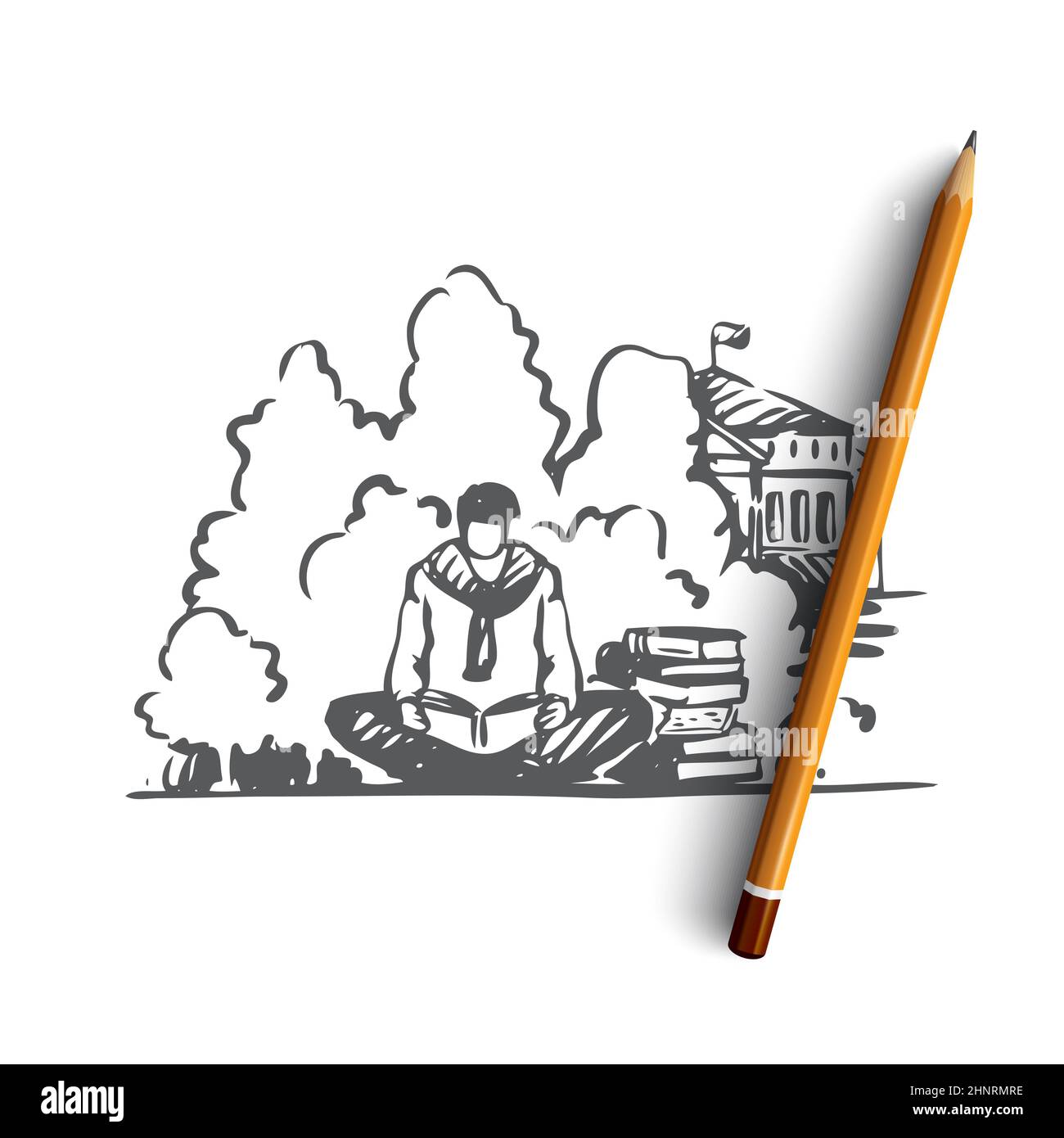 Student, man, book, reading, park concept. Hand drawn male student ...