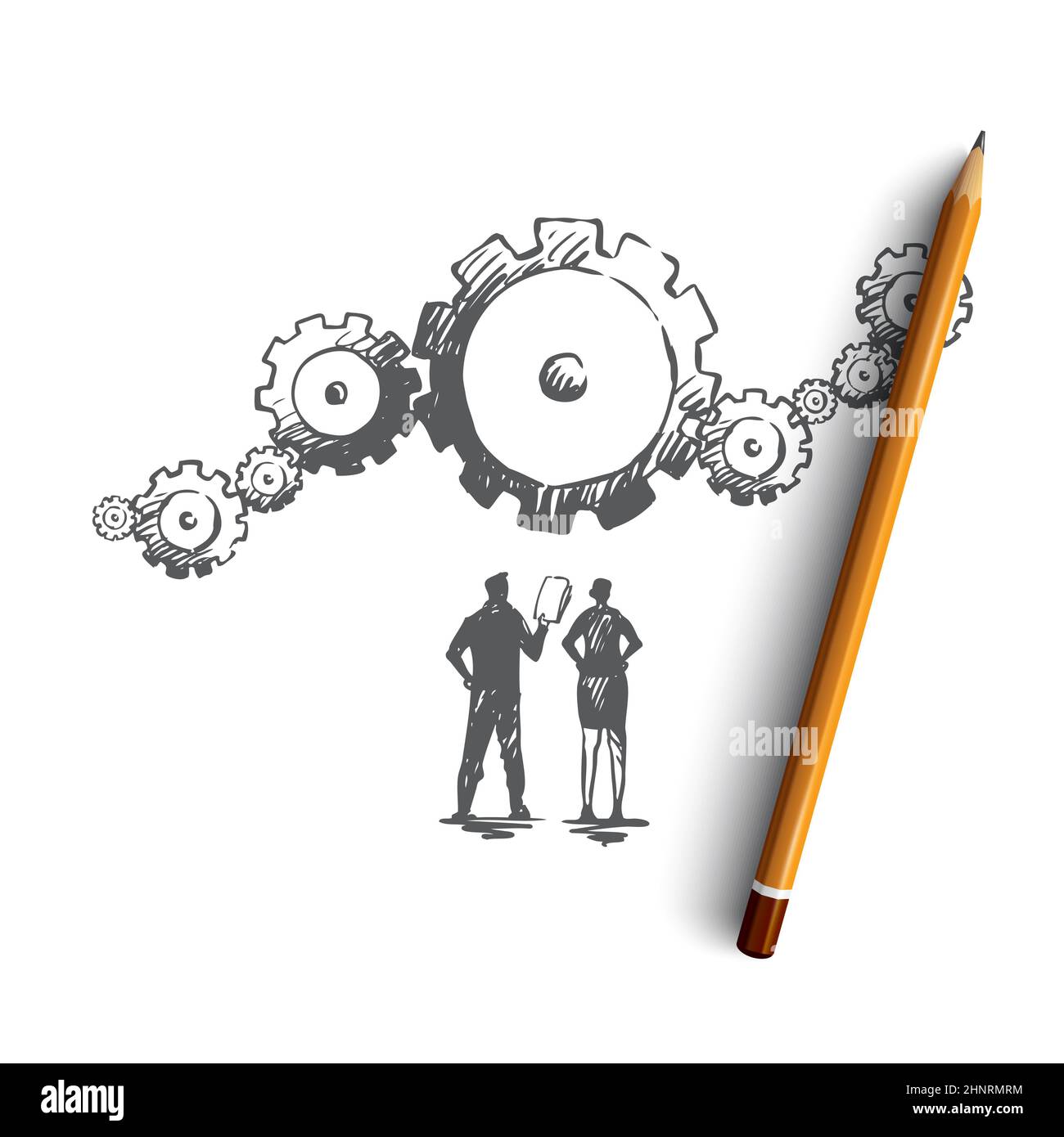 Data, gear, analytics, business, technology concept. Hand drawn ...