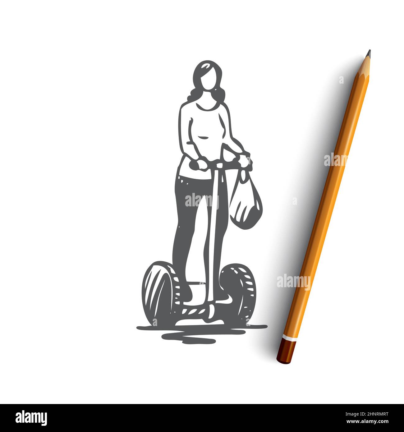 Segway, woman, electric, transport, technology concept. Hand drawn ...