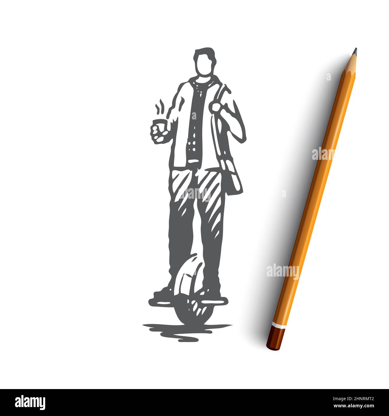 Segway, man, coffee, ride, speed, urban concept. Hand drawn man is ...