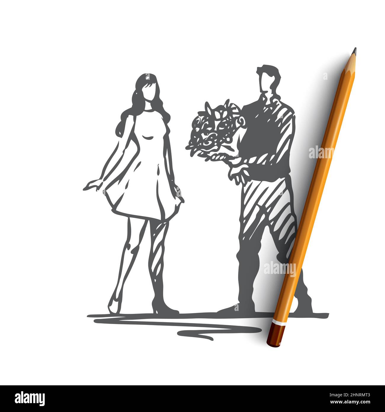 Romantic, couple, love, date, together concept. Hand drawn man presents ...
