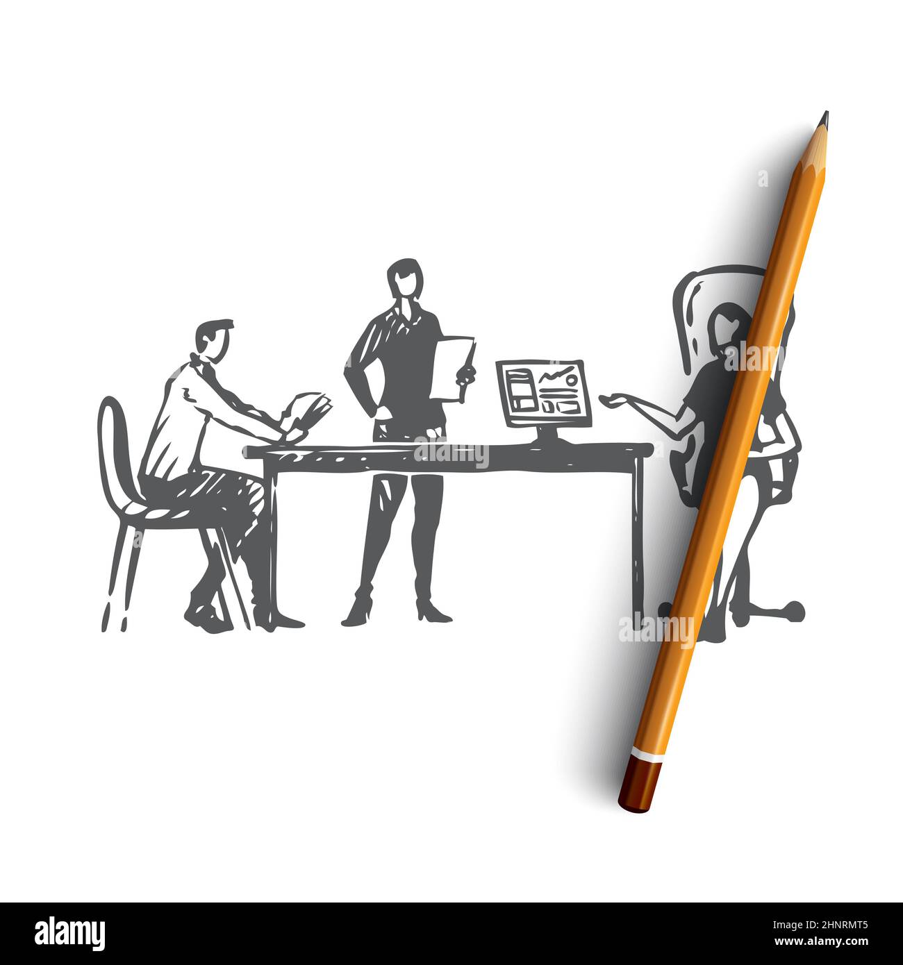 Colleagues, office, discussion, social, network concept. Hand drawn ...