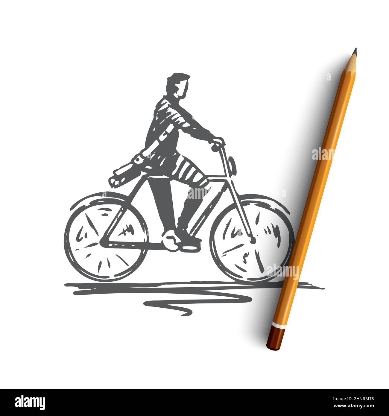 Student, bicycle, man, cycling concept. Hand drawn student riding to ...